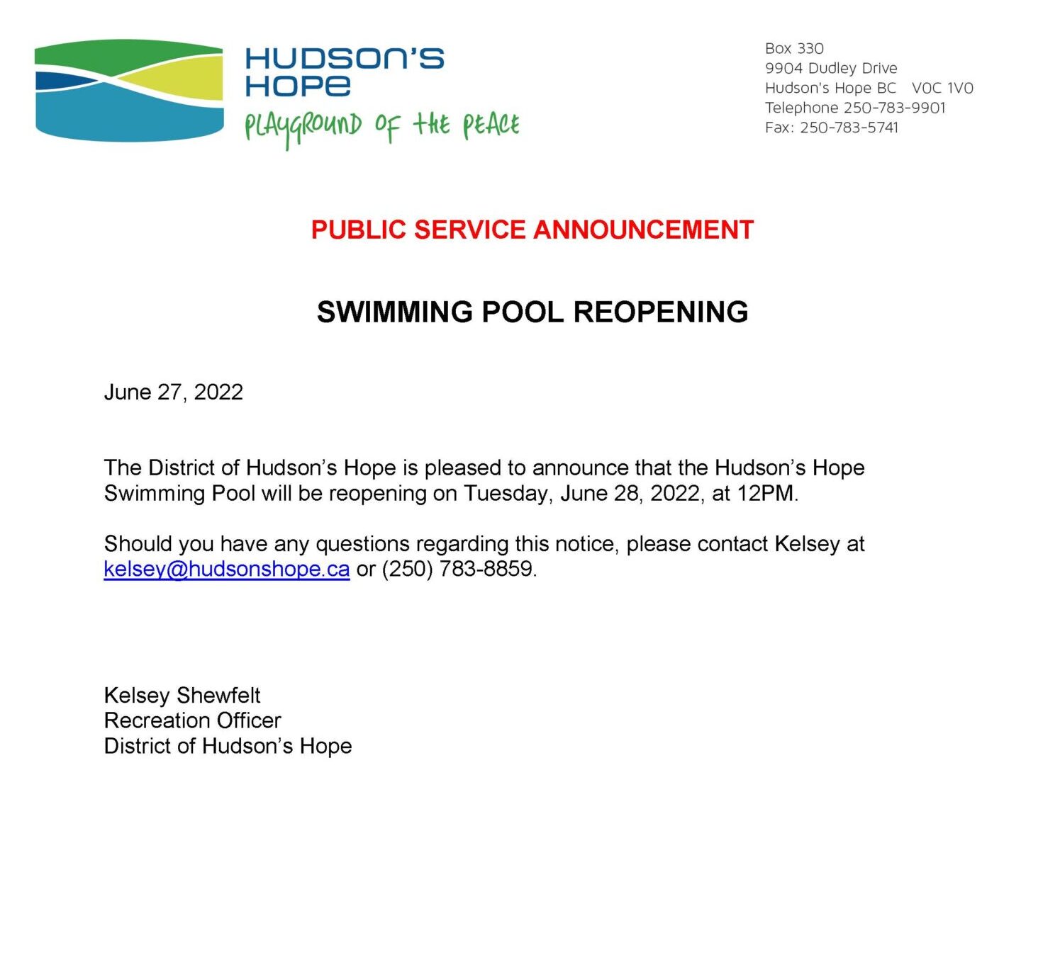 Swimming Pool | District of Hudson's Hope